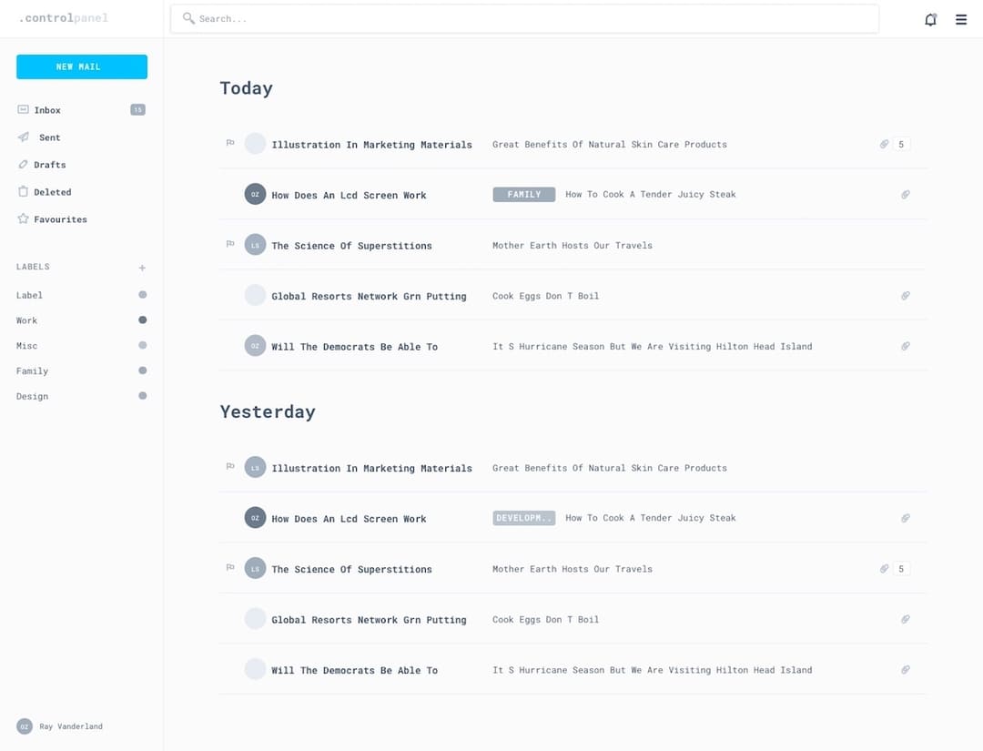 Wireframe color scheme for the Control Panel design system