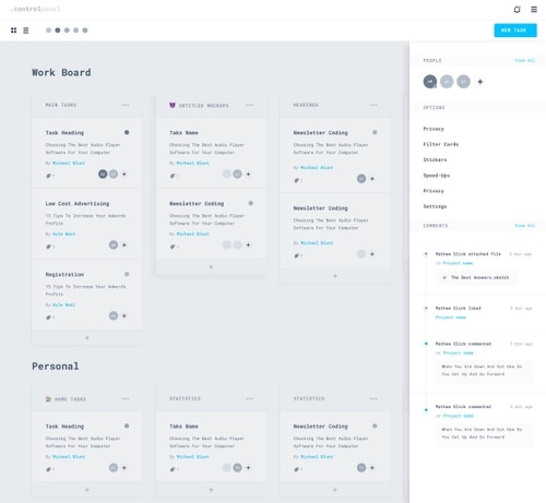 Wireframe color scheme for the Control Panel design system