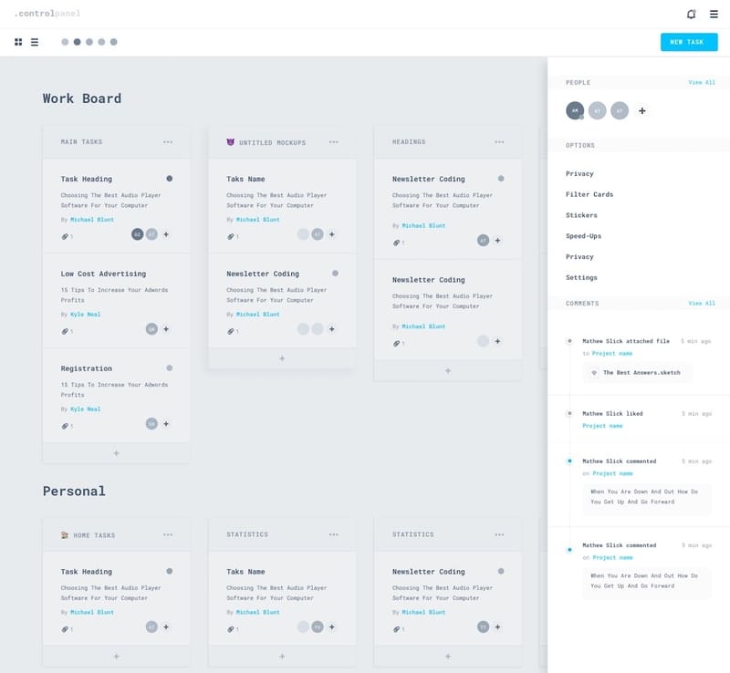 Wireframe color scheme for the Control Panel design system
