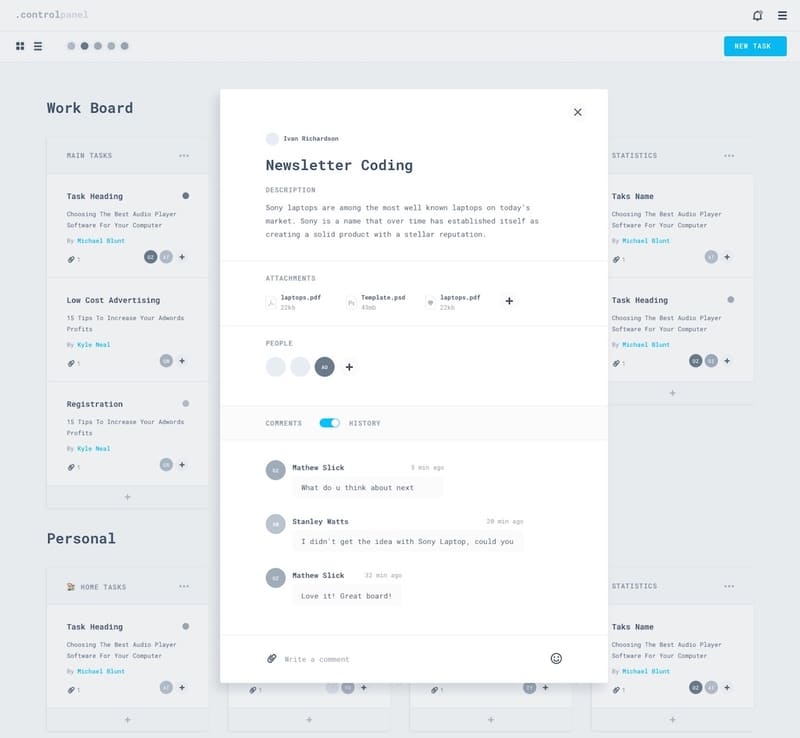 Wireframe color scheme for the Control Panel design system