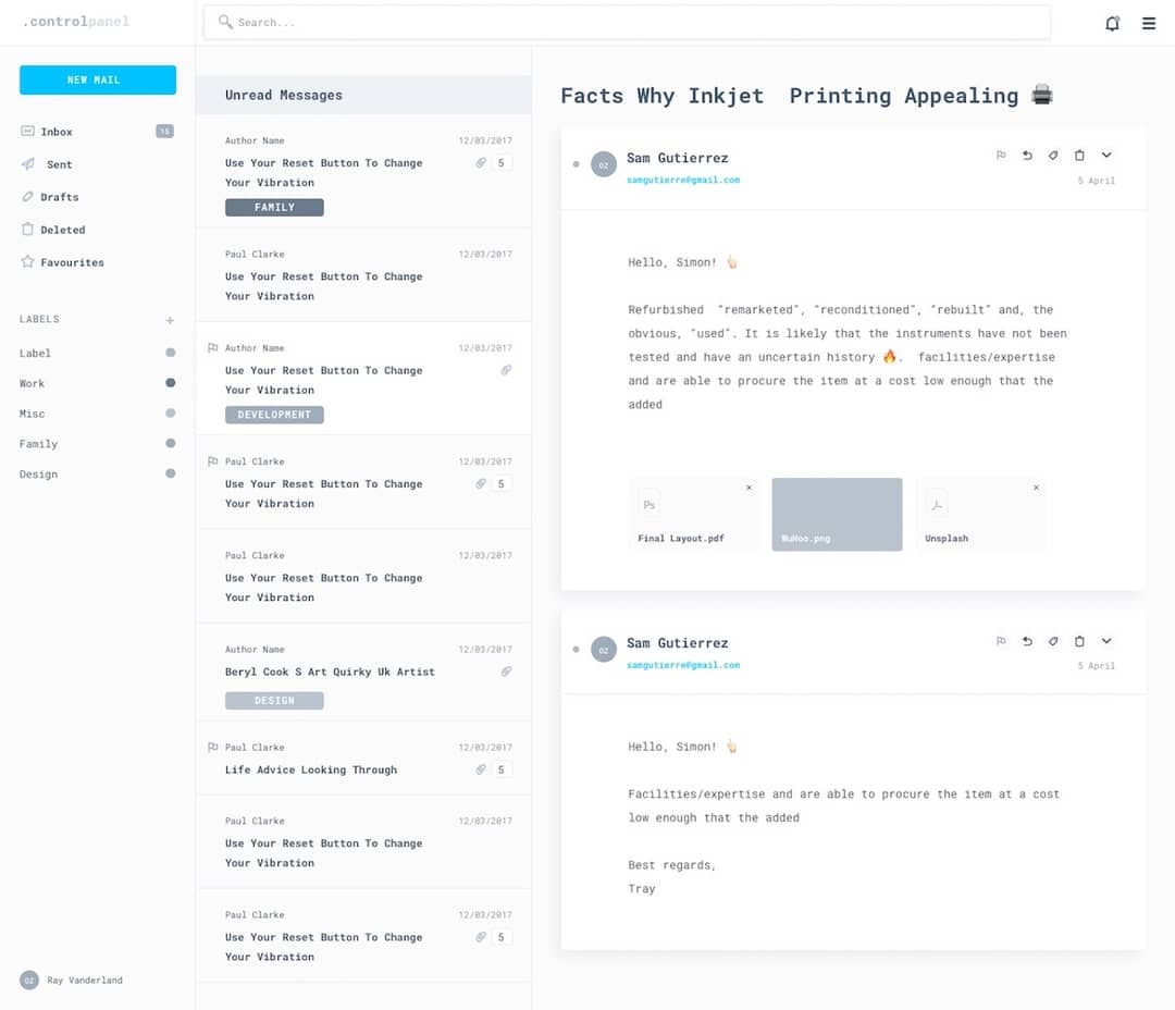 Wireframe color scheme for the Control Panel design system